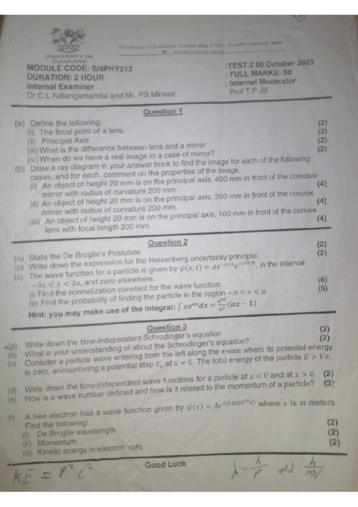 4PHY212 - Test 2: Lens, Mirrors, and Quantum Mechanics Concepts - Studocu