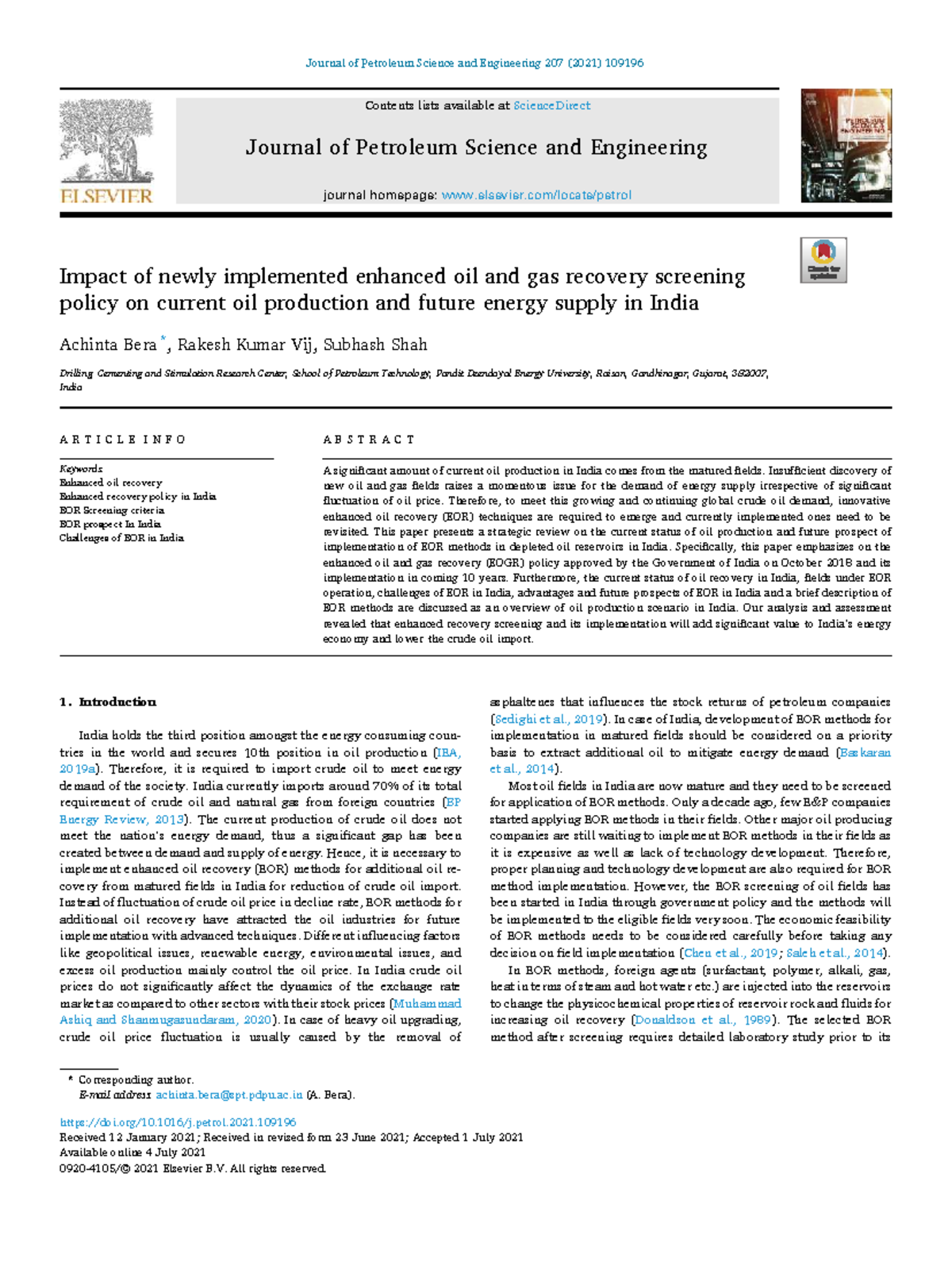 Impact of Enhanced Oil Recovery Policies on India's Energy Supply: A ...