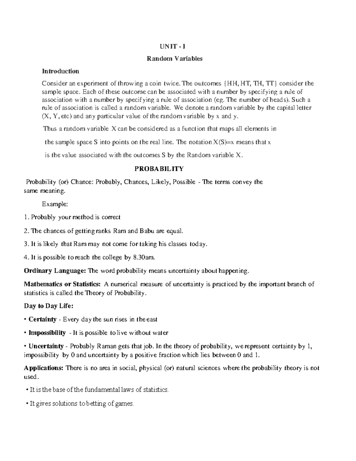 UNIT I Random Variables & Probability: Lecture Notes Overview - Studocu