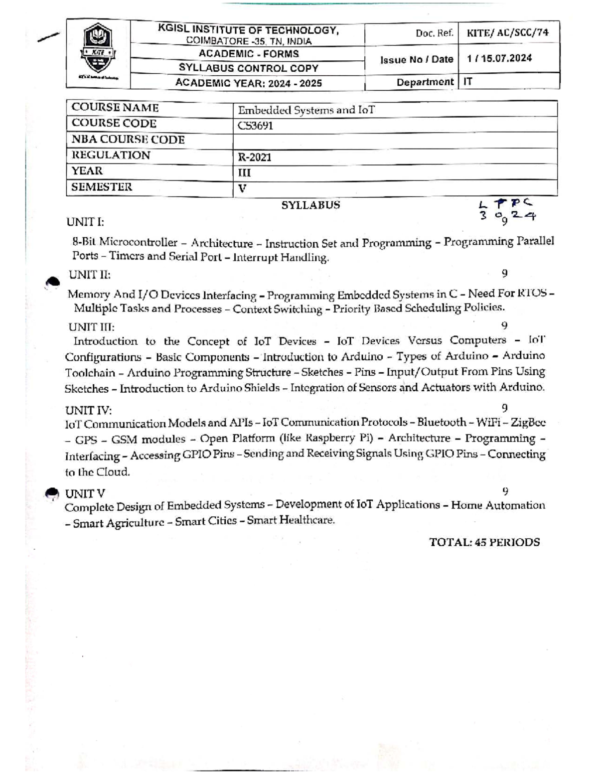 CS3691 Embedded Systems and IoT Syllabus for Academic Year 2024-2025 ...