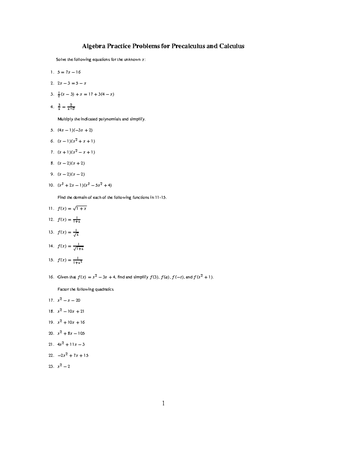 Algebra Practice Problems for Precalculus and Calculus (Basic-alg ...