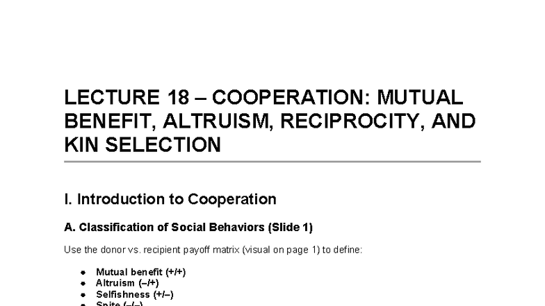 LECTURE 18: Cooperation, Altruism, and Kin Selection Insights - Studocu