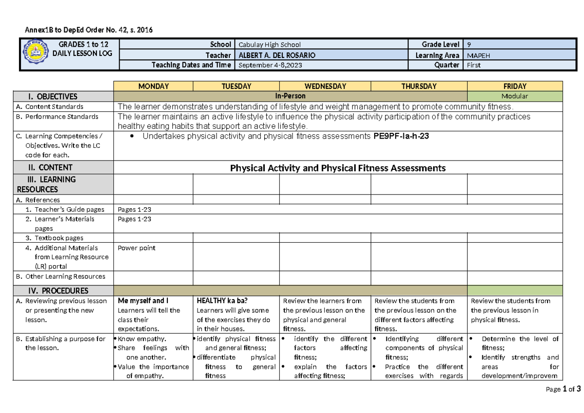 DLL MAPEH PE9 Q1 W2: Daily Lesson Log on Physical Fitness - Studocu