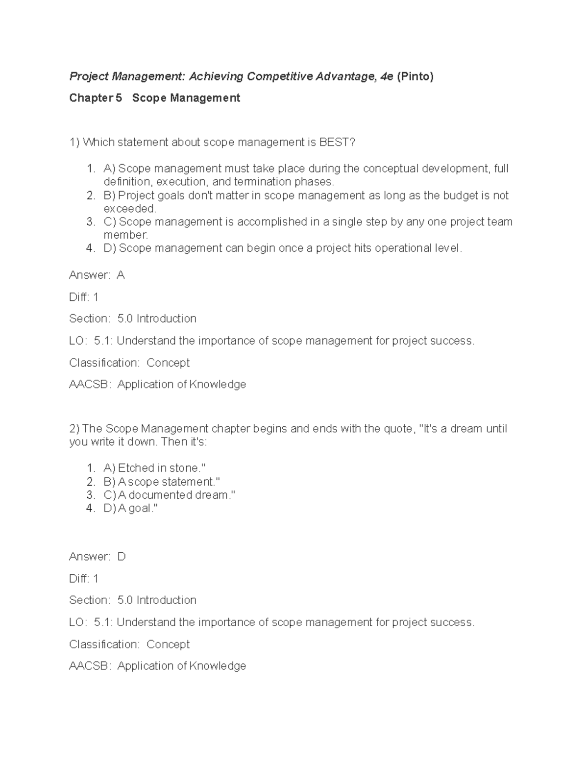 Ch 05 Scope Management Test Bank - Project Management 4e - Studocu