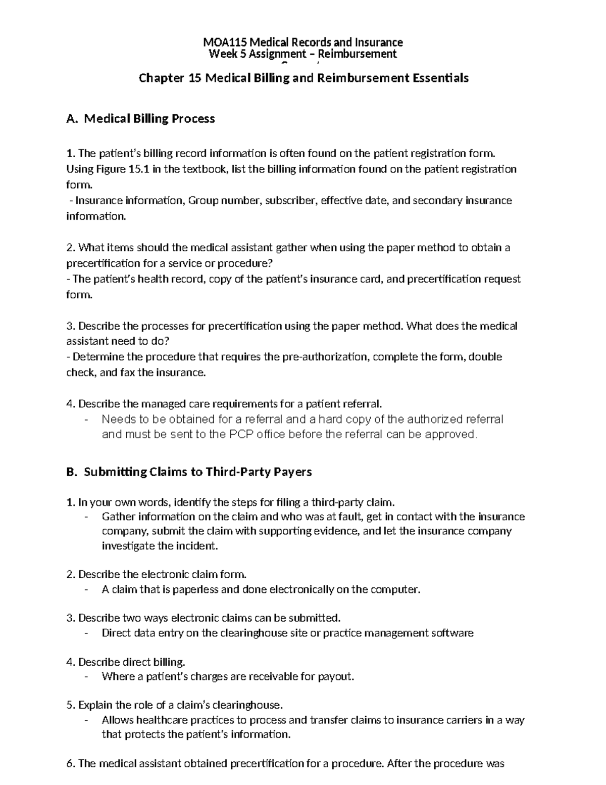 Week 5 Assignment Worksheet 15edone - MOA115 Medical Records and ...