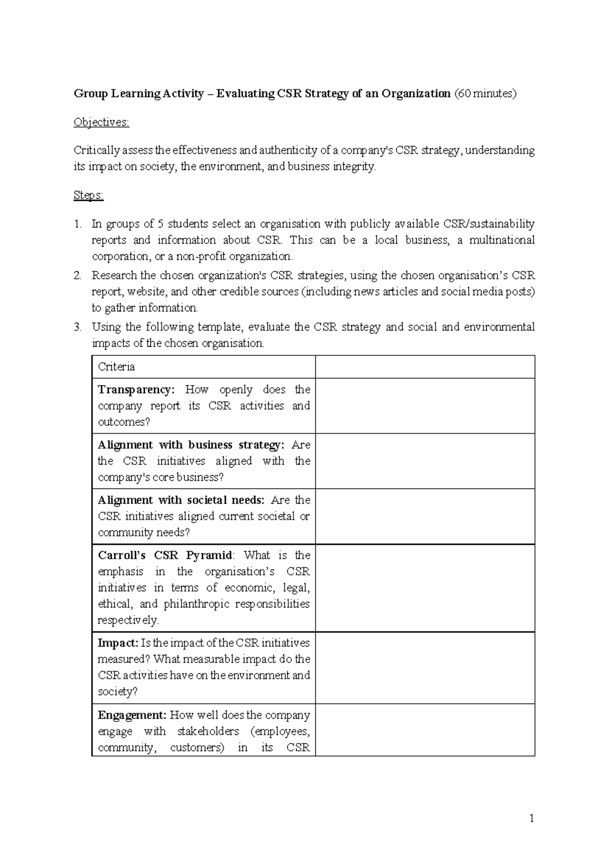 Group Learning Activity: Evaluating CSR Strategies (60 min) - Studocu