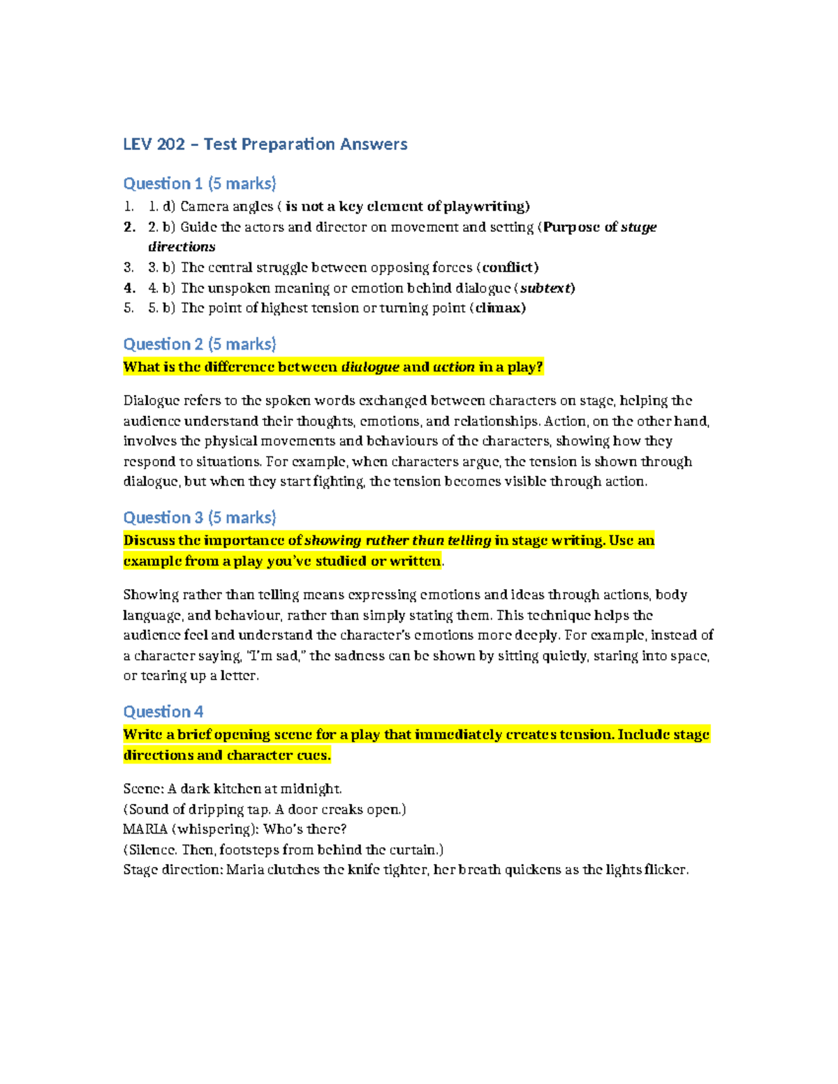 LEV 202 Test Prep: Key Concepts & Answers for Playwriting - Studocu
