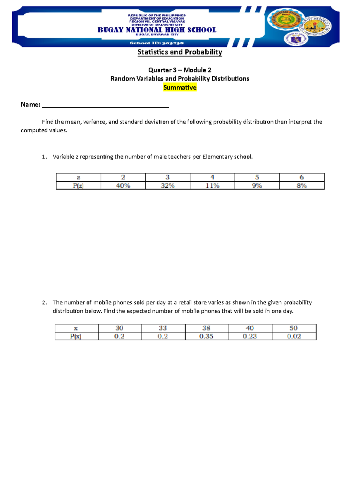 Statistics and Probability Summative - Statistics and Probability ...