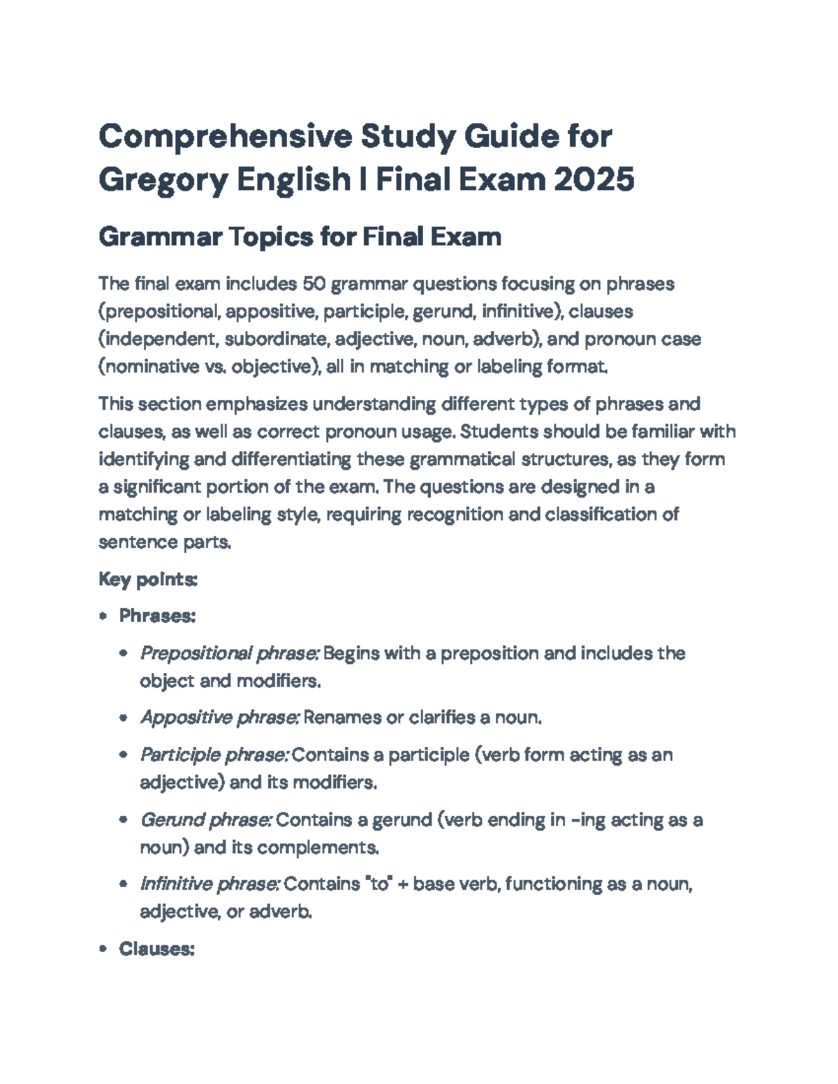 Gregory English I Final Exam 2025: Comprehensive Study Guide on Grammar ...