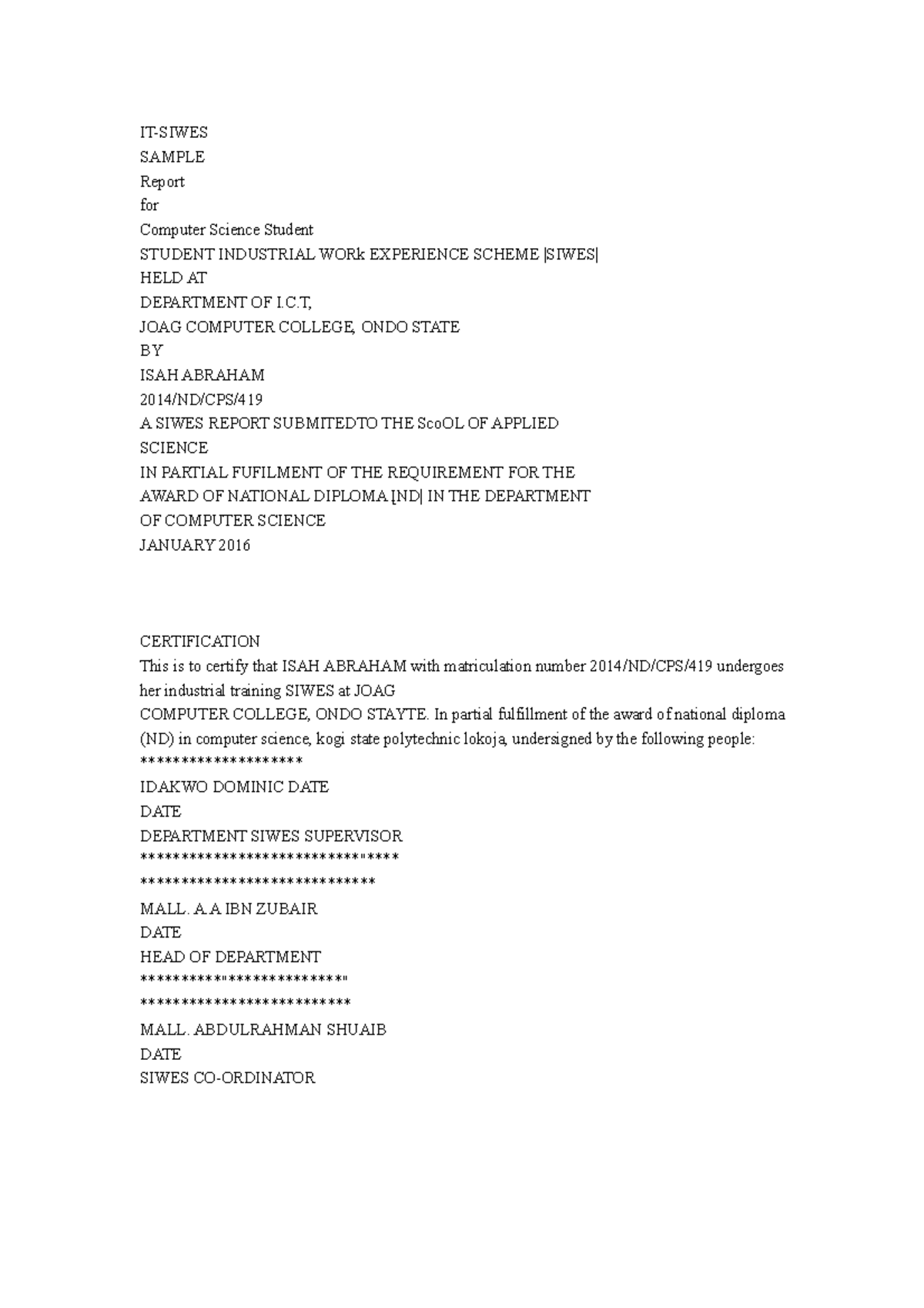 IT report raw on Ms and Excel - IT-SIWES SAMPLE Report for Computer ...