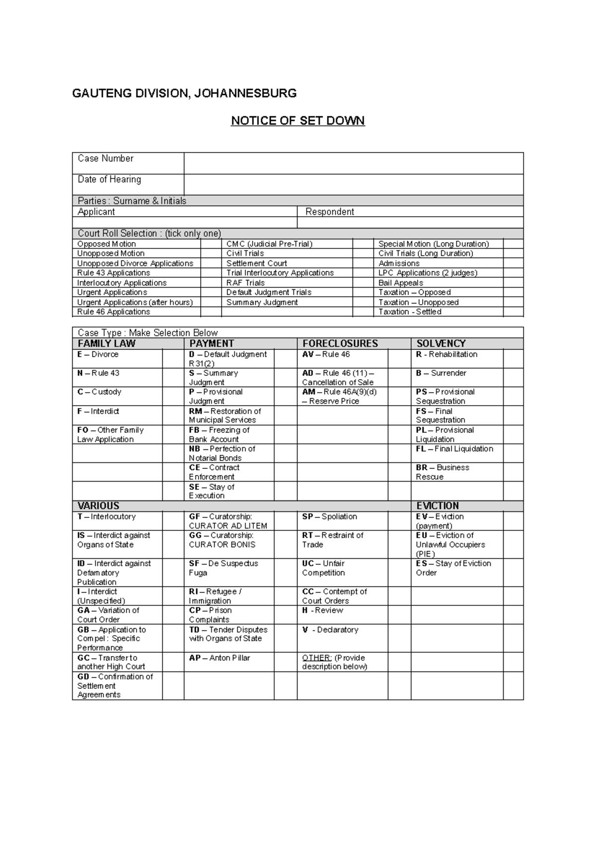 GAUTENG DIVISION, JOHANNESBURG FAMILY LAW NOTICE OF SET DOWN - Studocu