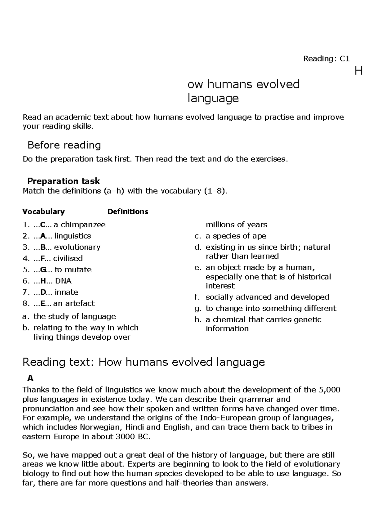 Learn English: C1 Reading - How Humans Evolved Language - Studocu