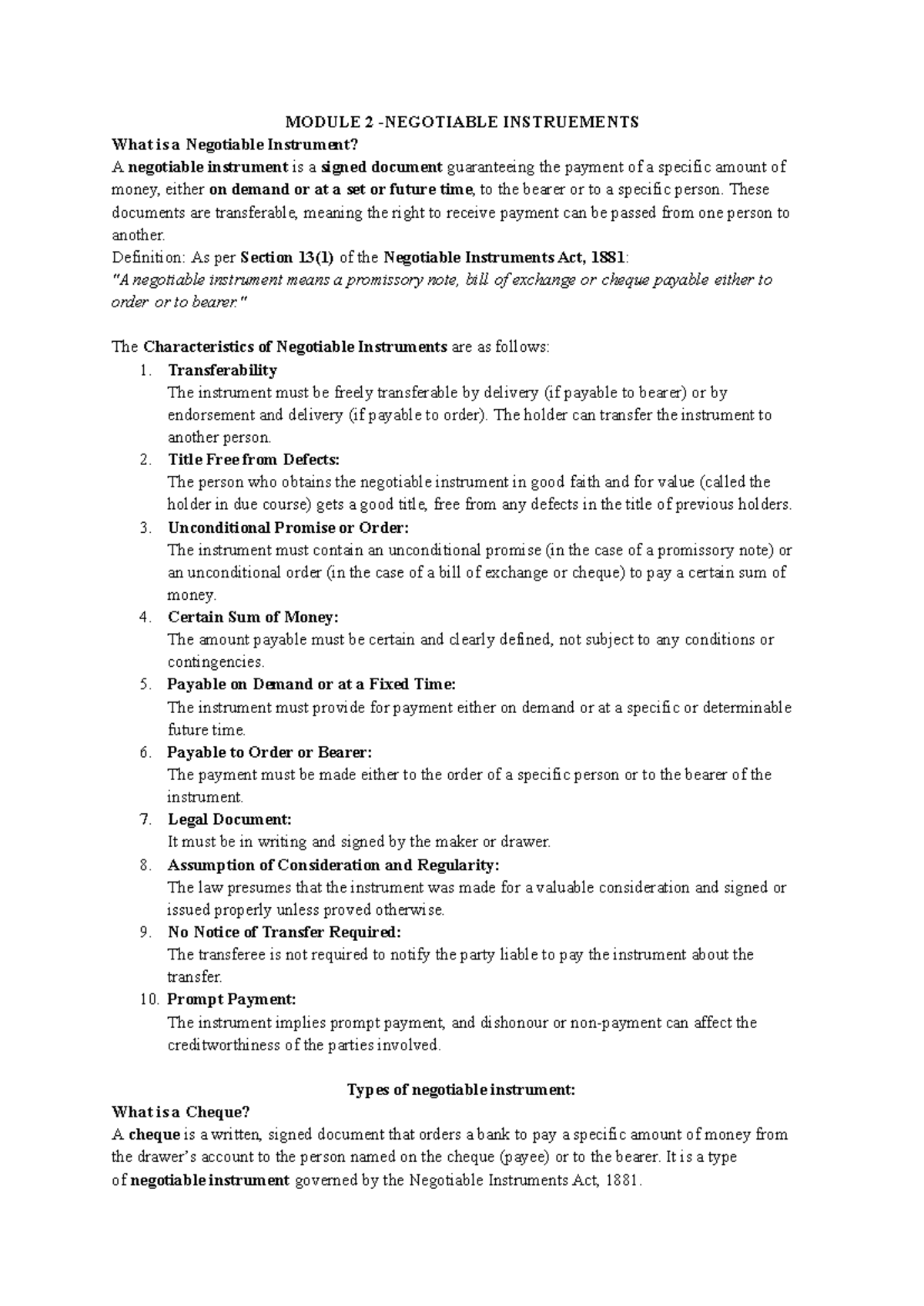 BI Module 2 - Understanding Negotiable Instruments in Banking - Studocu