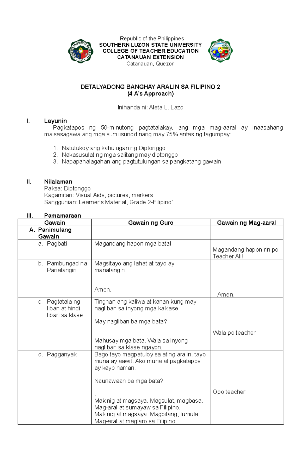 Filipino 2 - Detailed Lesson Plan on Diptonggo for Grade 2 - Studocu