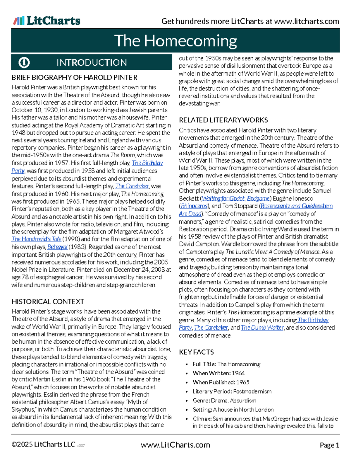 The Homecoming (Drama Analysis) - LitCharts Study Guide - Studocu