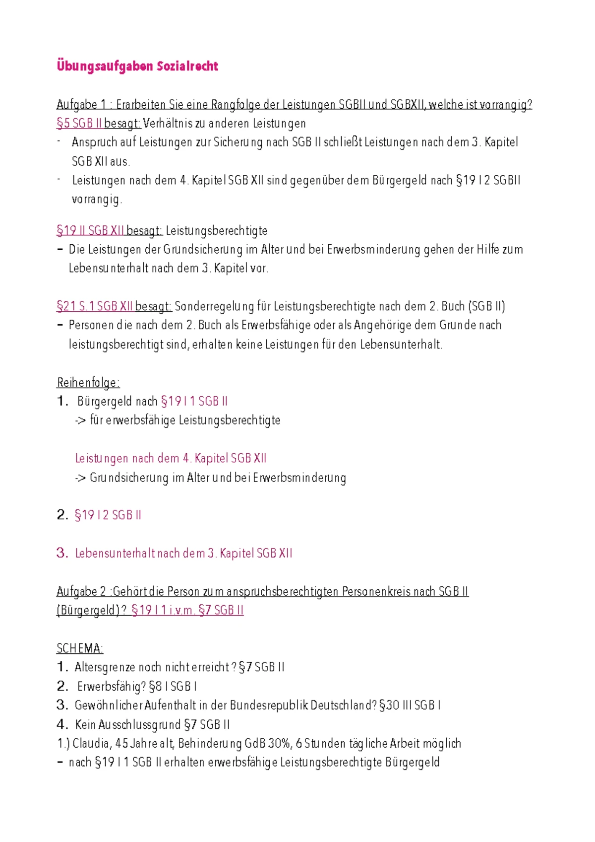 Prüfungsschema SGB II/12 - Anspruch auf Sozialleistungen im Überblick - Studocu