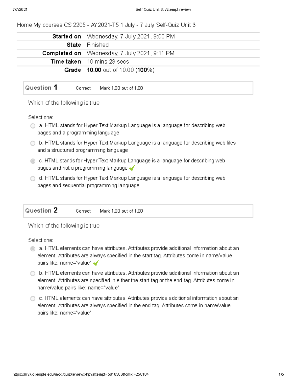 Self-Quiz Unit 3 Attempt review - Started on Wednesday, 7 July 2021, 9: ...