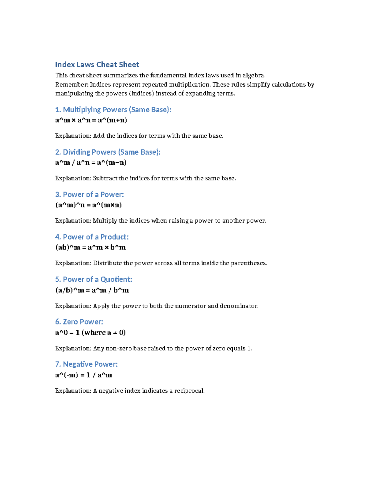 Index Laws Cheat Sheet: Key Rules for Algebraic Powers - Studocu