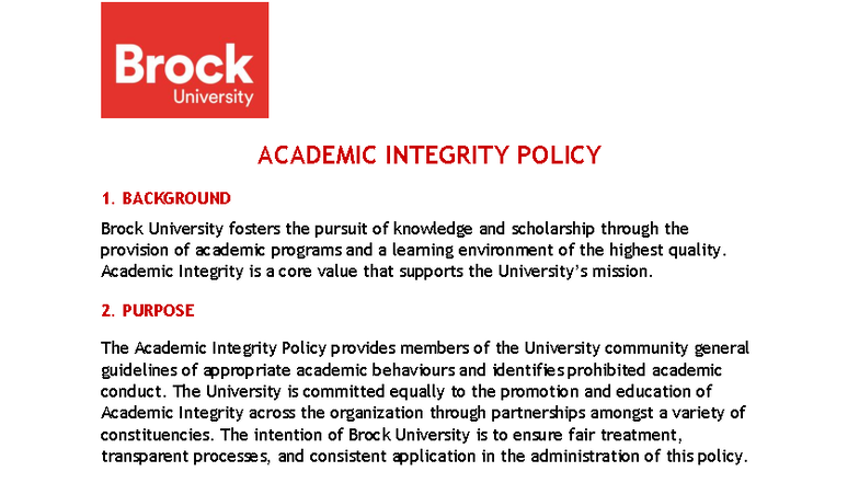 Brock University Academic Integrity Policy Overview - Studocu