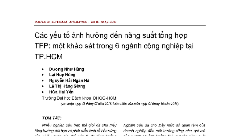 SCIENCE TECHNOLOGY DEVELOPMENT, Vol 16, 2013 Factors Influencing TFP in ...