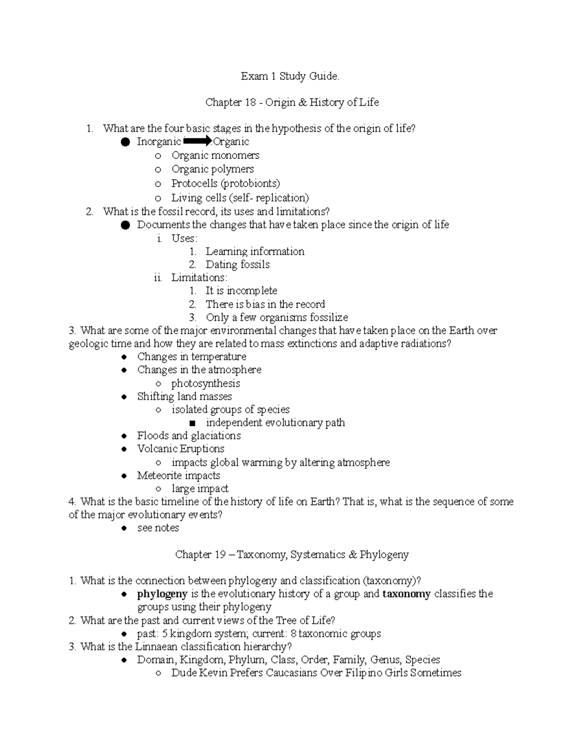 Exam 1 Study Guide - BSC 111: Origin of Life, Taxonomy, Viruses, Fungi ...