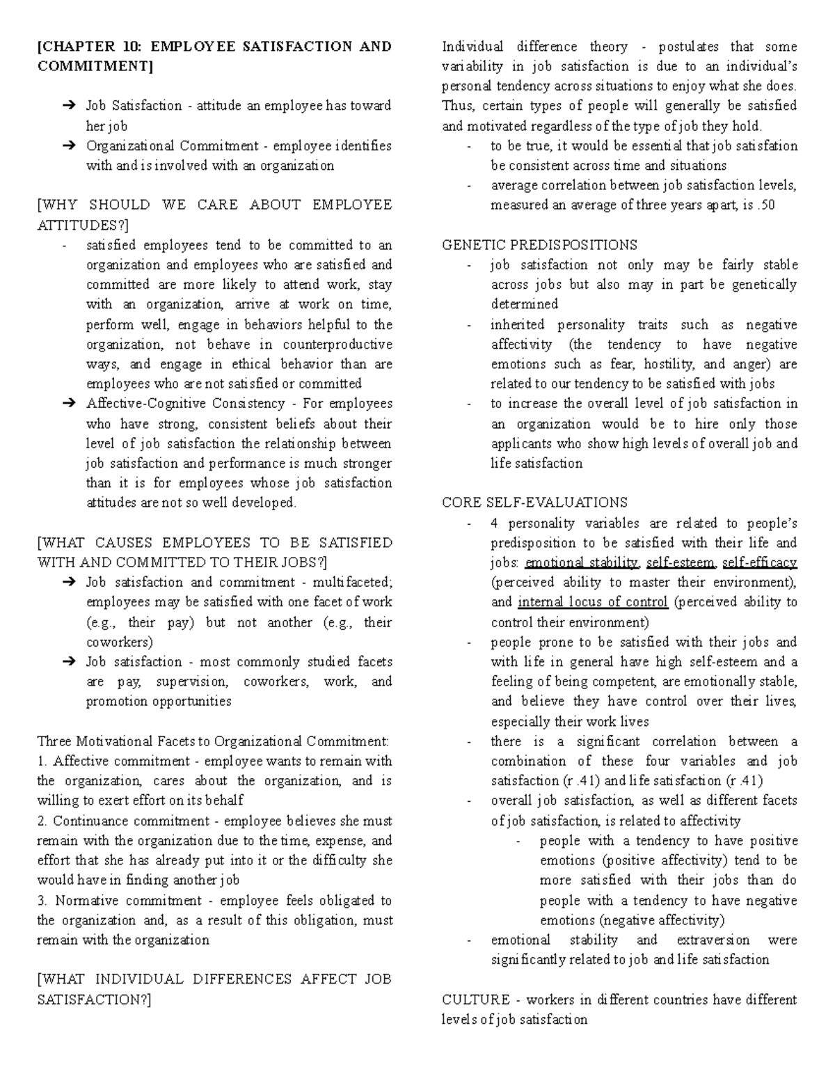 I/O Psychology Chapters 10-12: Employee Satisfaction & Commitment ...