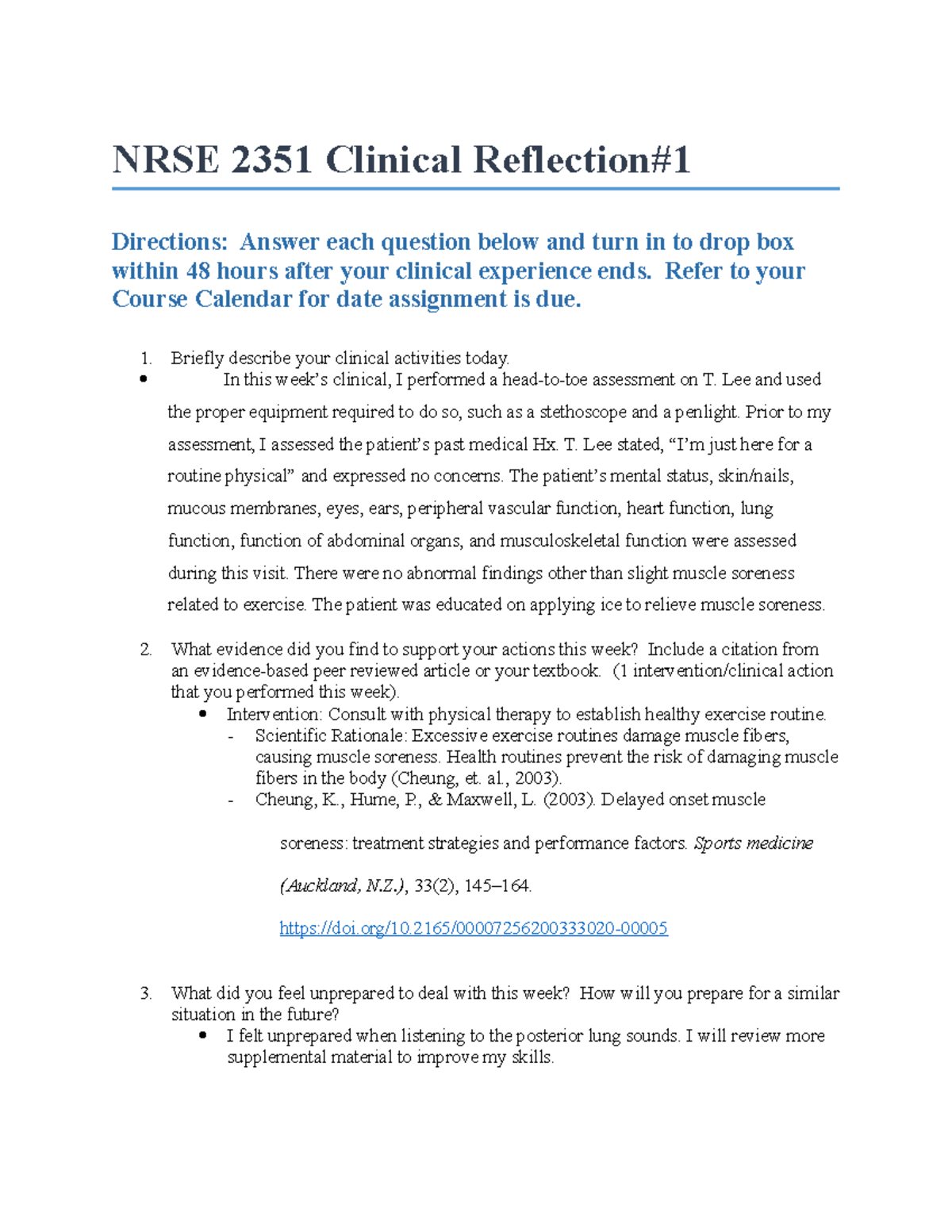 Clinical Reflection- T. Lee - NRSE 2351 Clinical Reflection# Directions ...