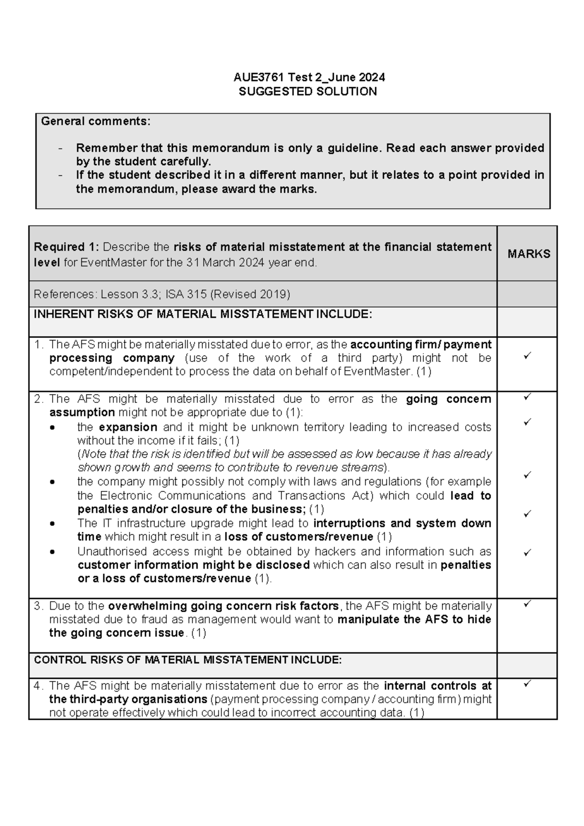AUE3761 Test 2 2024 Solutions: Identifying Material Misstatement Risks ...