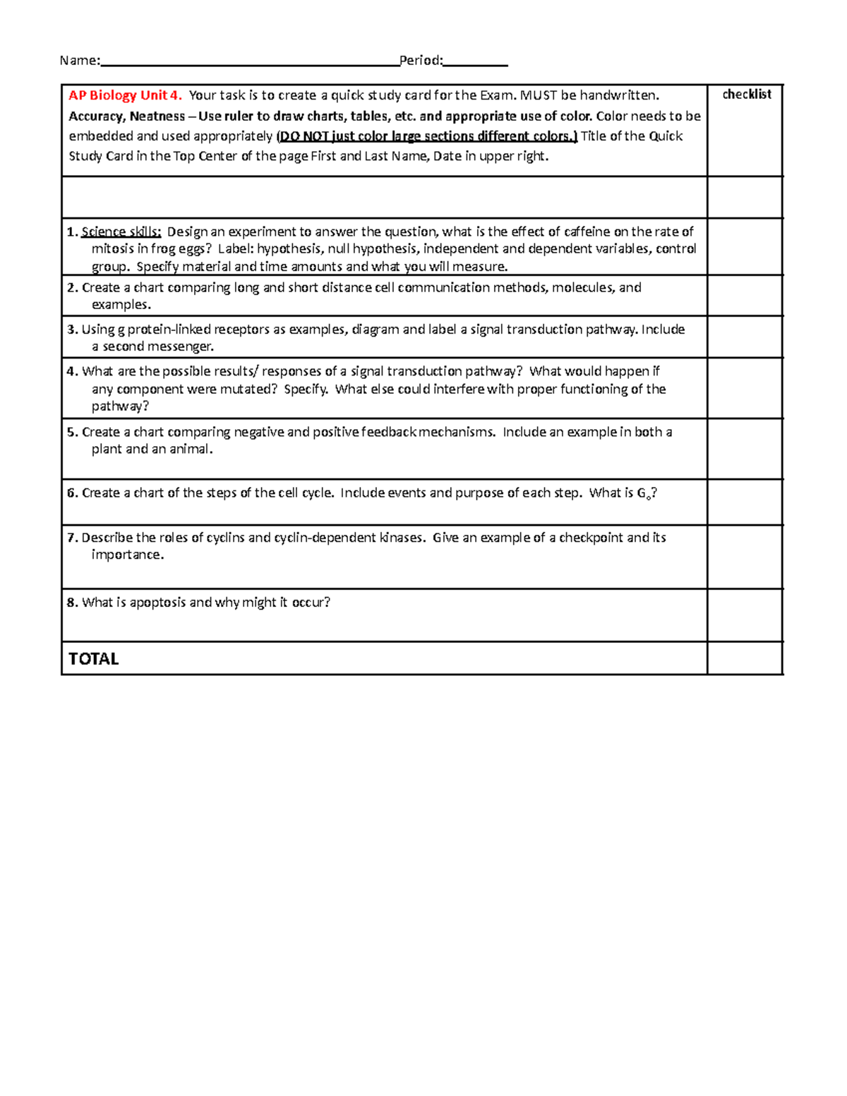 Ap bio unit 4 quick study card - Name: Period: AP Biology Unit 4. Your ...