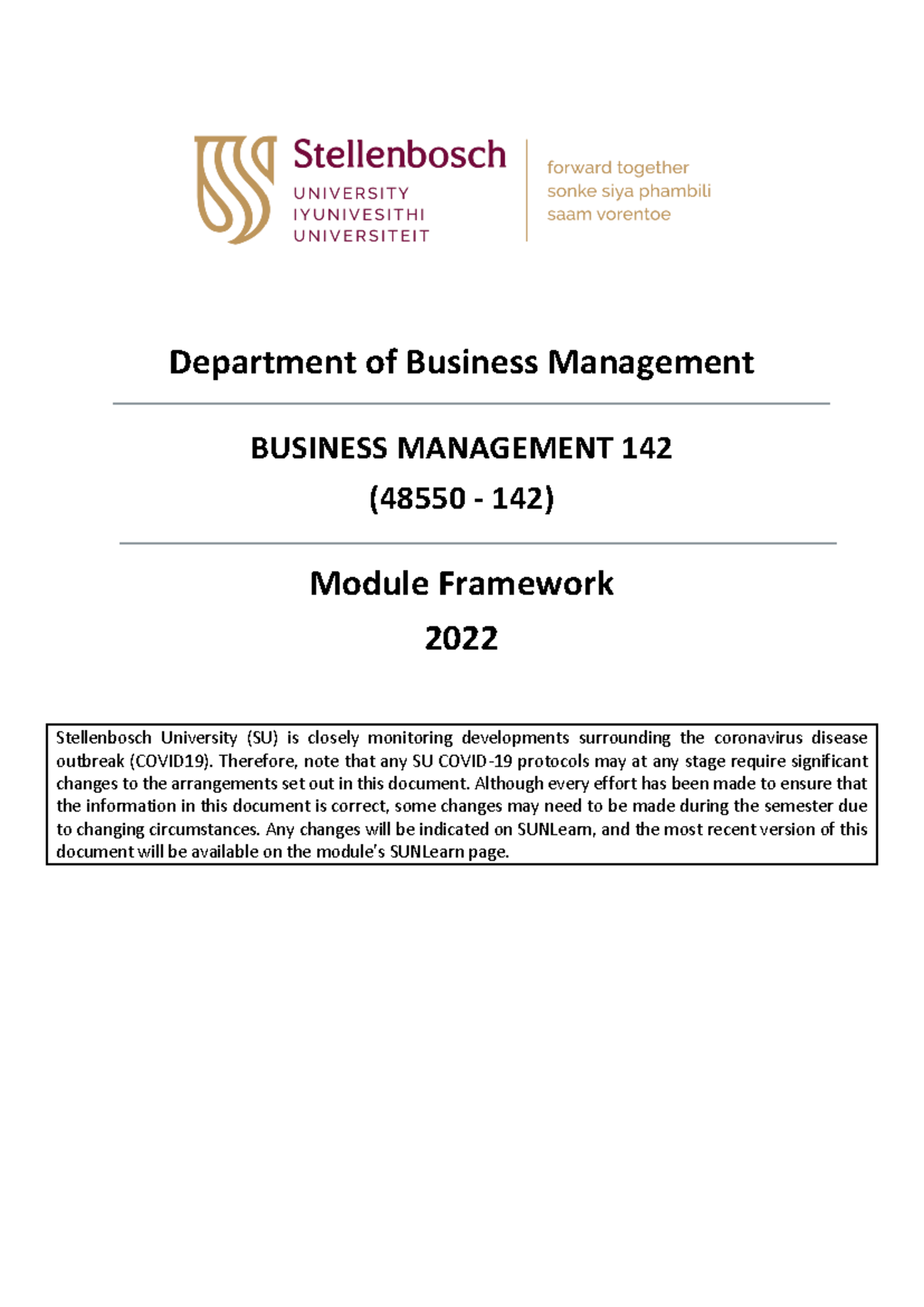 Business Management 142 - Module Framework Overview for 2022 - Studocu