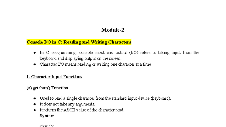 Module 2 Notes - nil - Module- Console I/O in C: Reading and Writing ...