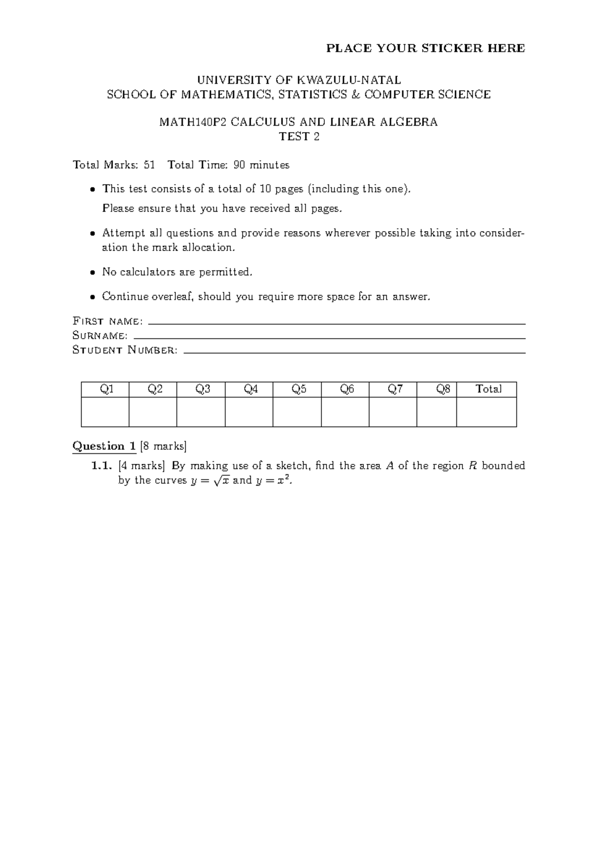 2023 MATH140 P2 Calculus & Linear Algebra Test 2 - Studocu