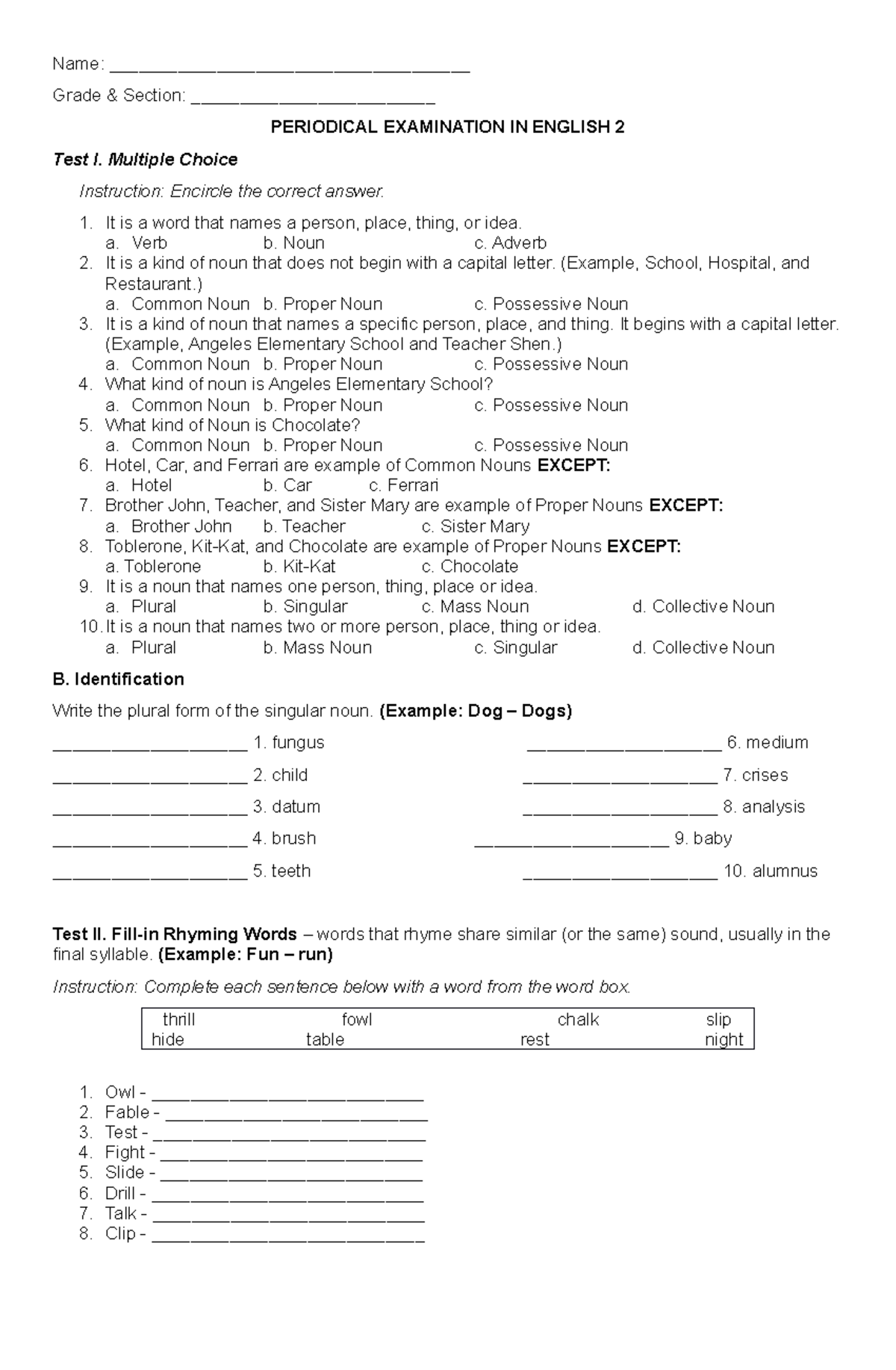 Grade 2 English Exam Reviewer: Periodical Tests and Practice - Studocu