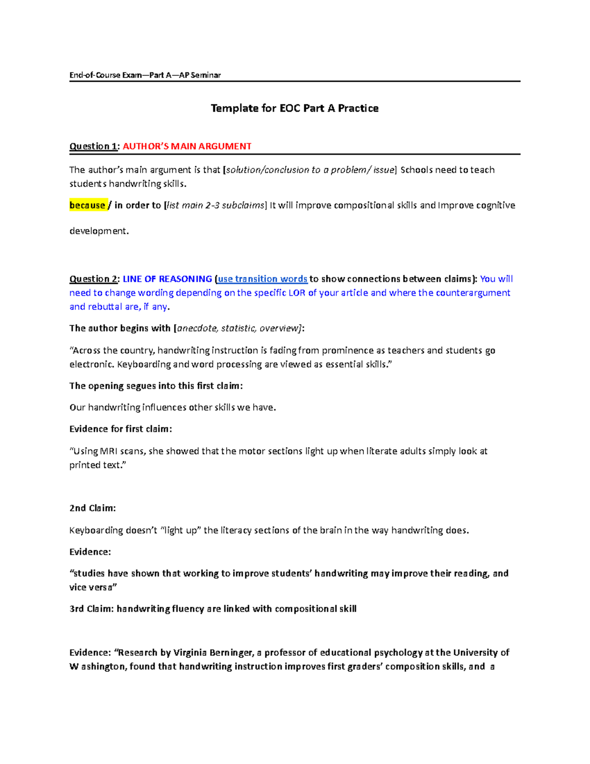 EOC Part A Seminar Template: Handwriting Skills Argument Analysis - Studocu