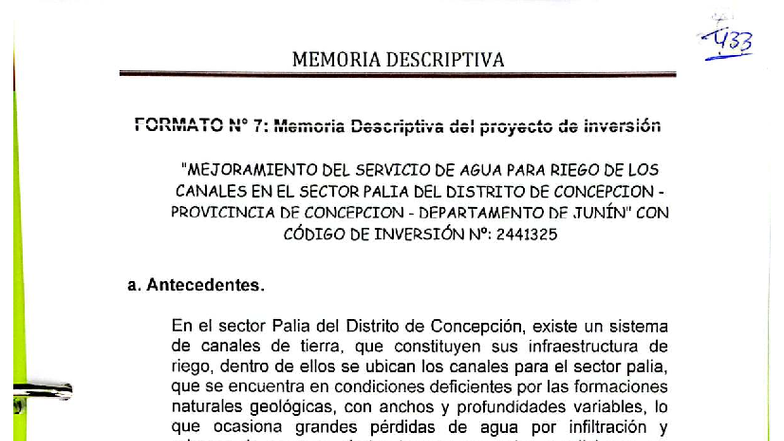 433 MEMORIA DESCRIPTIVA: Proyecto de Inversión para Riego en Palia ...