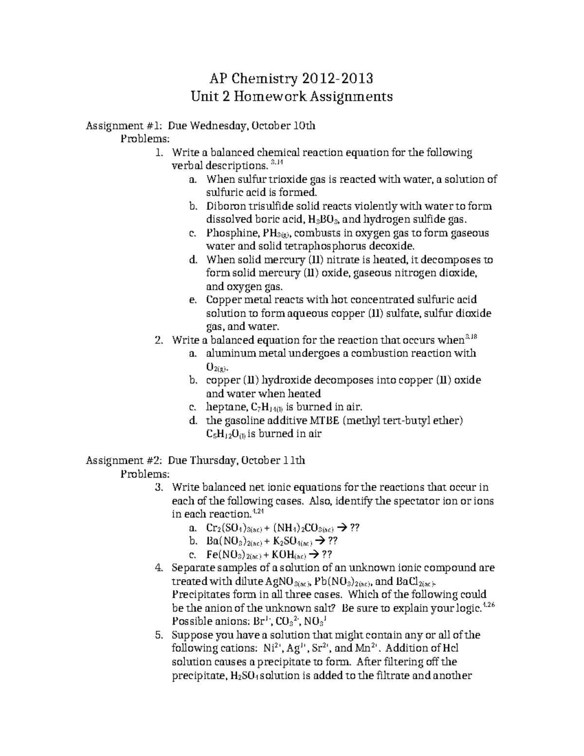 AP Chemistry (APC) Unit 2 Homework Assignments Due Oct 10-29 - Studocu