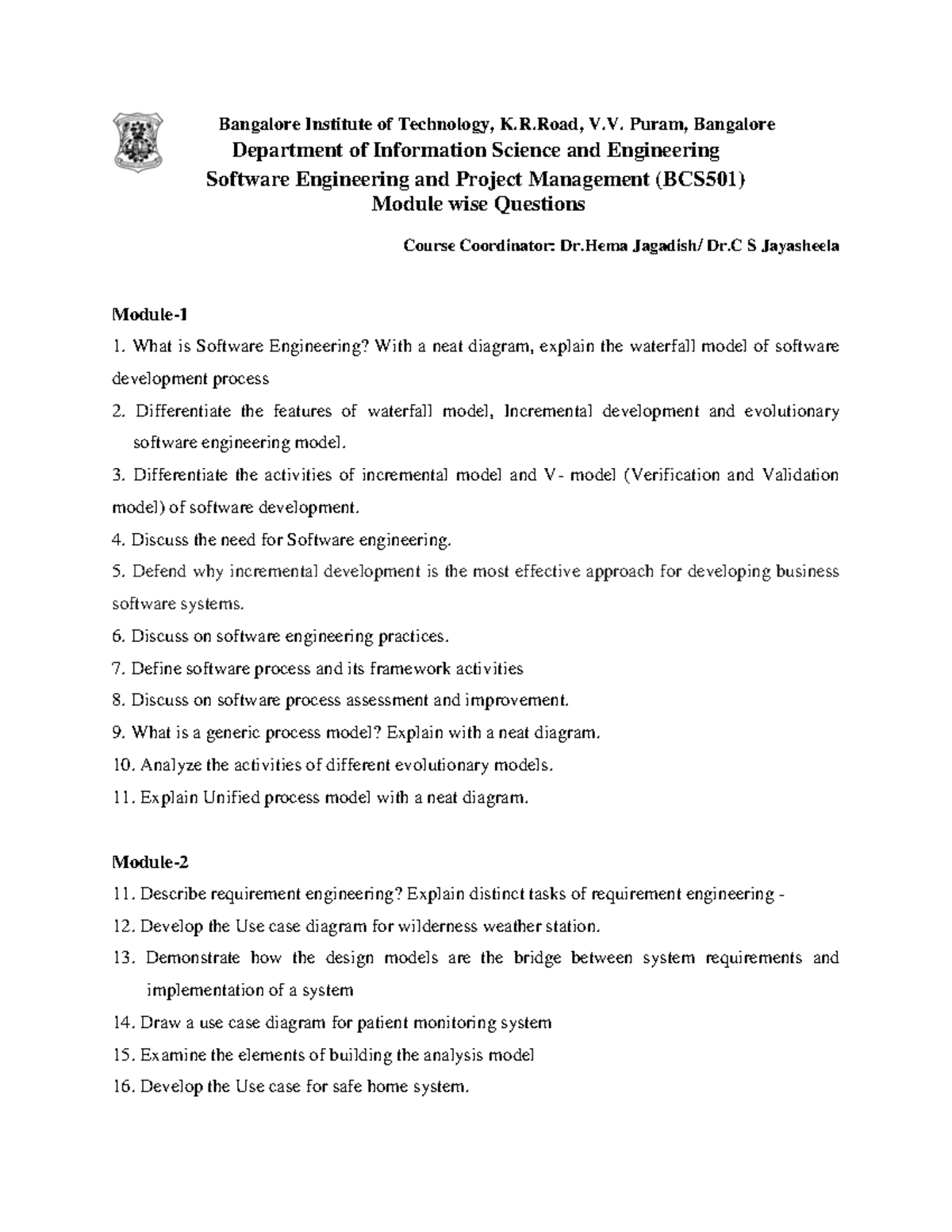 SE (BCS501) Module-wise Questions on Software Engineering - Studocu