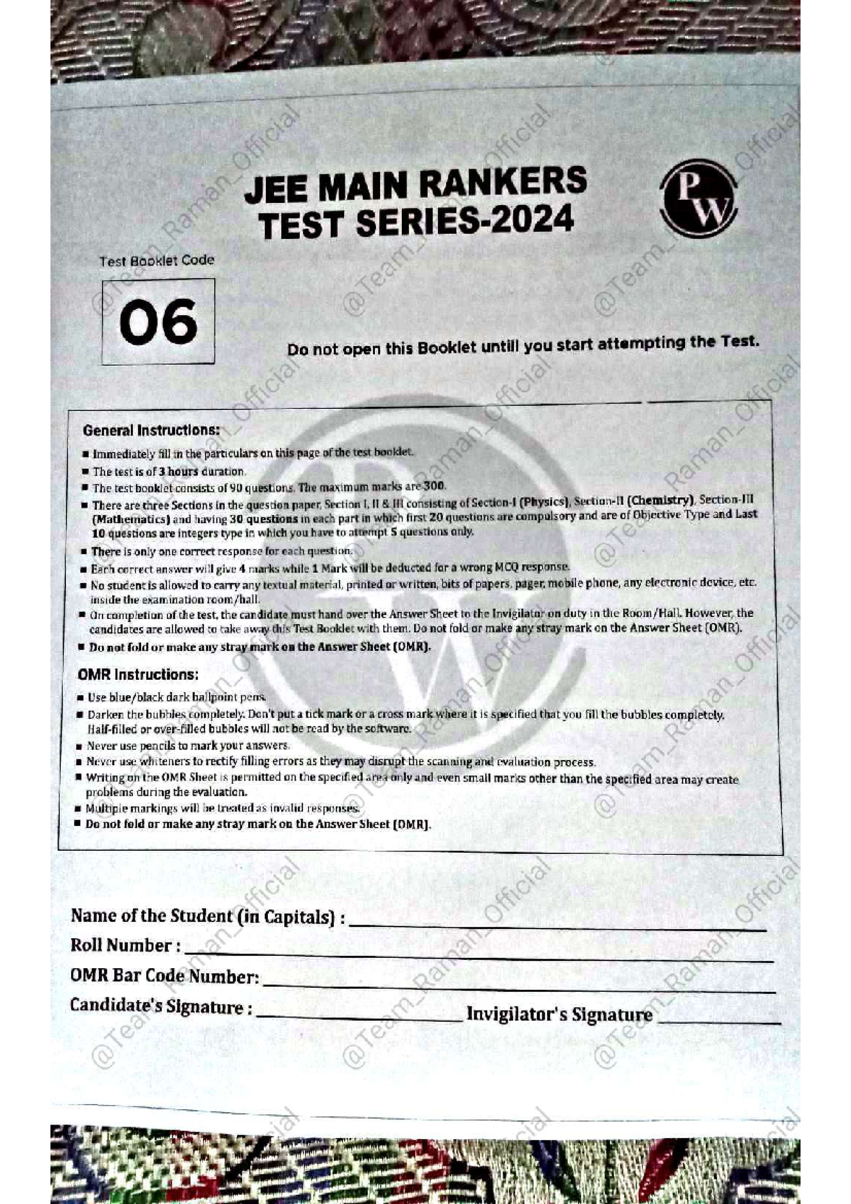 Test Paper 06 Jmrts 2024 - Romen JEE MAIN RANKERS TEST Pw Test Booklet ...