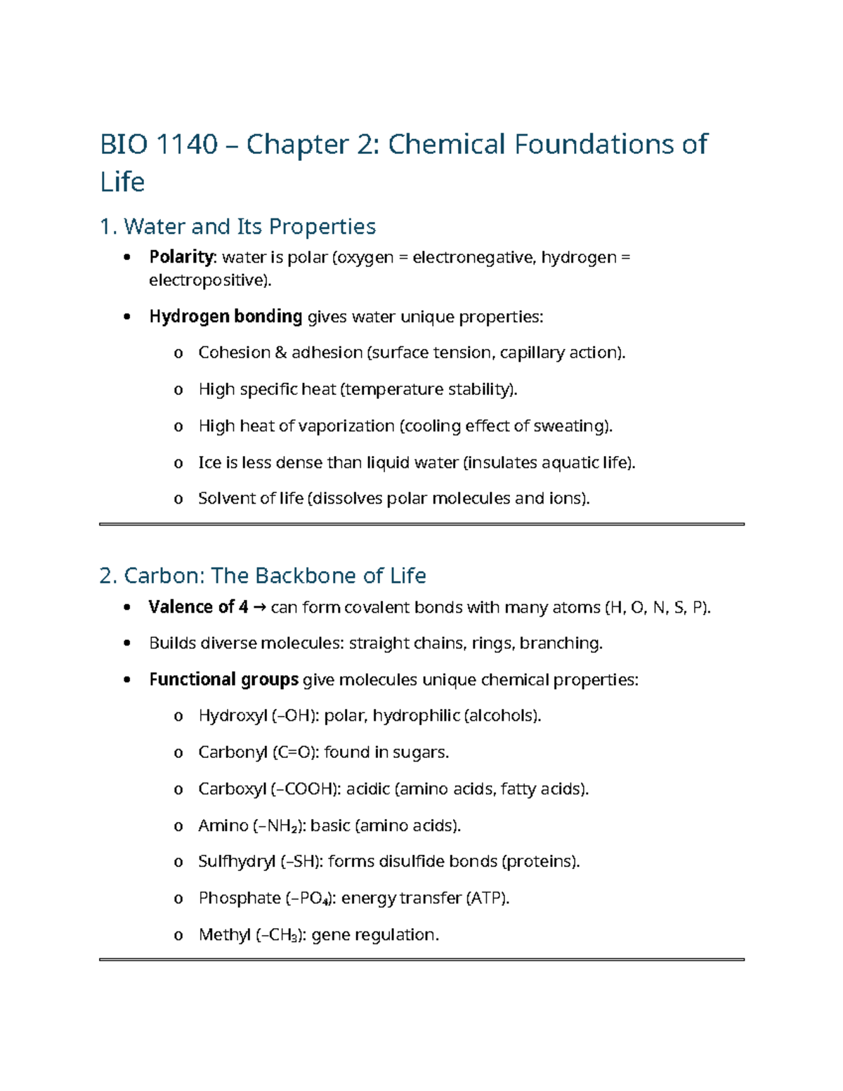 BIO 1140 Chapter 2: Chemical Foundations of Life Overview - Studocu