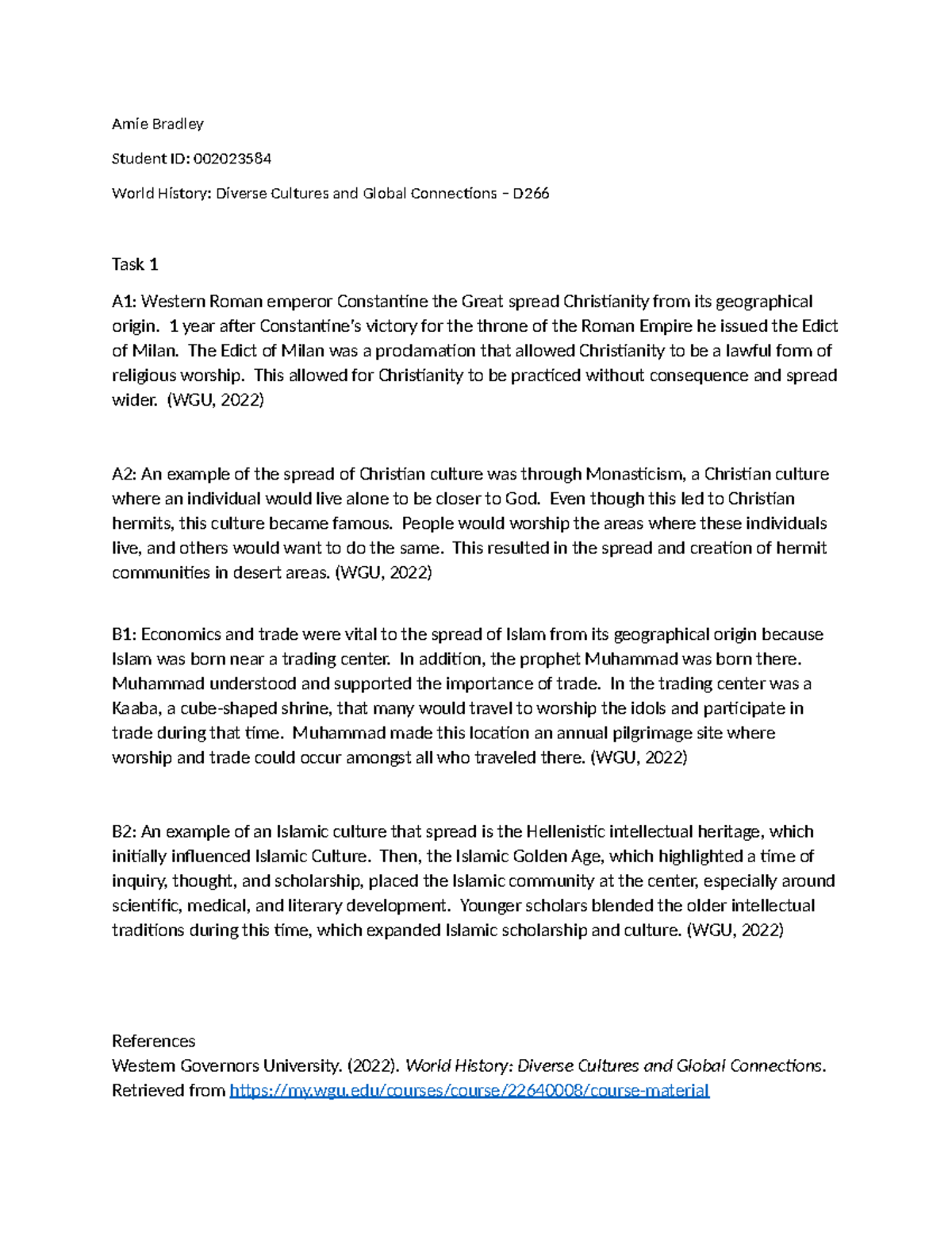 D266 - Task 1 - Spread of Christianity and Islam Cultures - Studocu