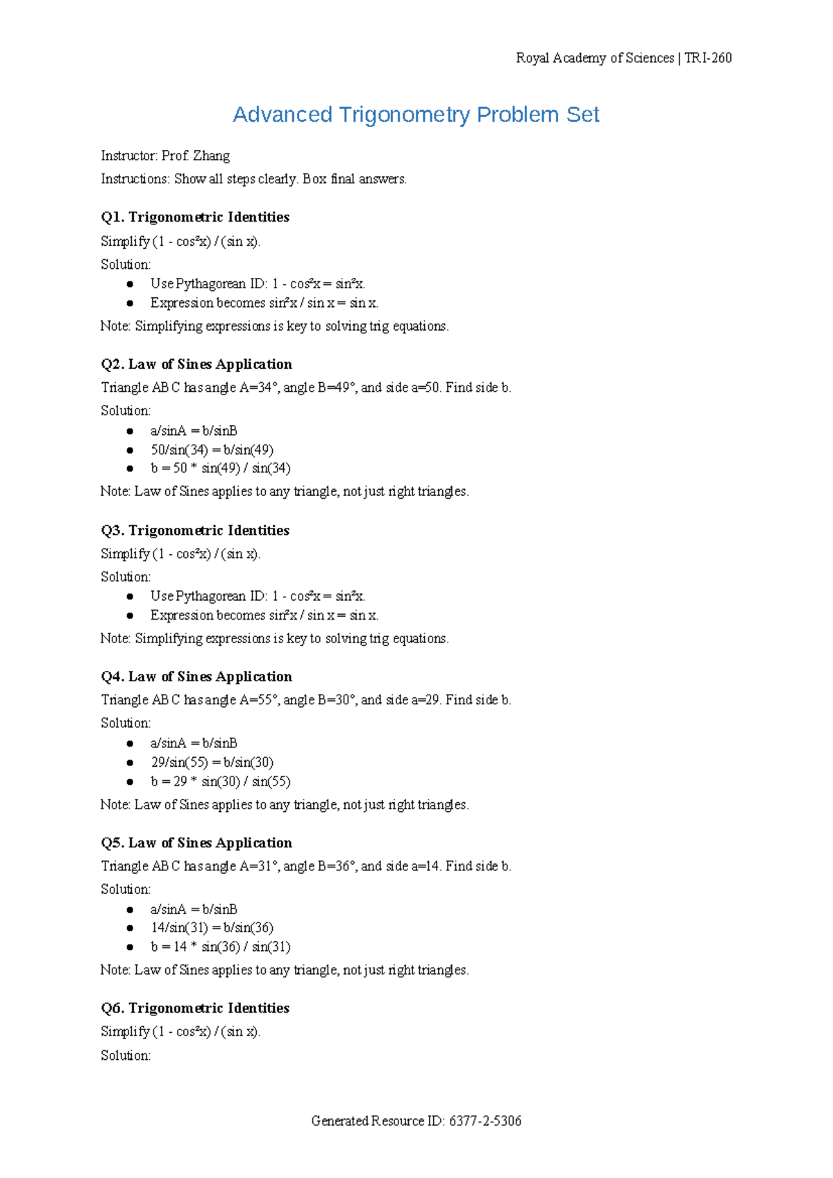 TRI-260 Advanced Trigonometry Problem Set with Solutions - Studocu