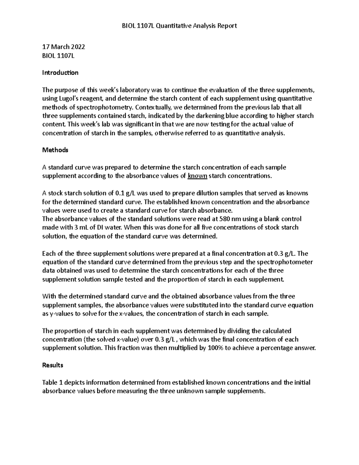 BIOL 1107L Lab Report: Week 6 Quantitative Analysis of Supplements ...