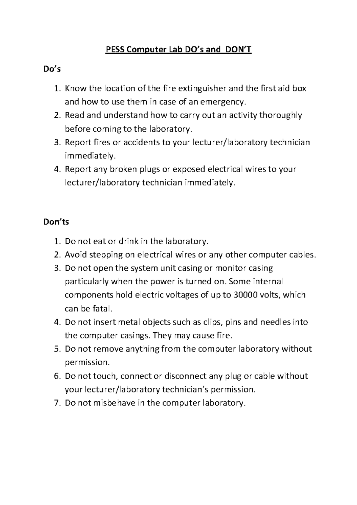 PESS Computer Lab Safety Guidelines: Do's and Don'ts Reminder - Studocu