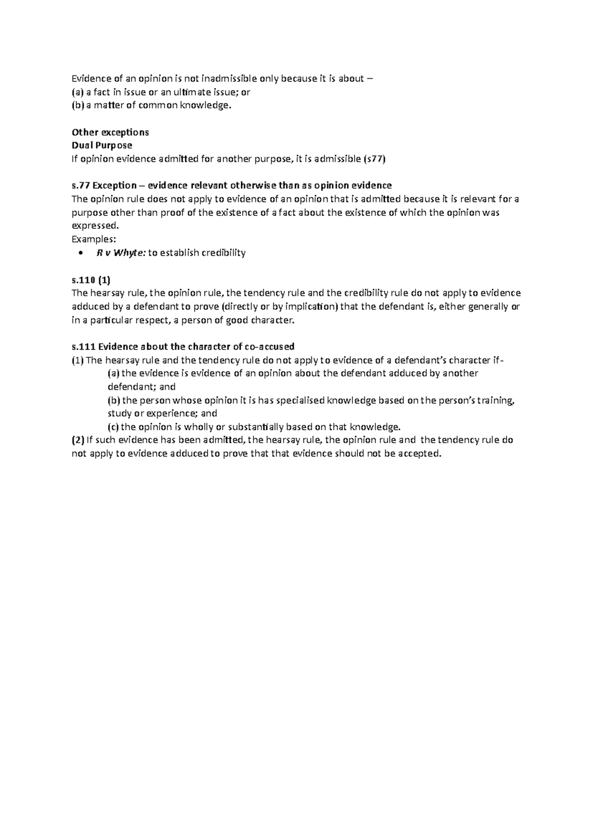 Evidence 3 - Admissibility of Opinion Evidence and Exceptions - Studocu