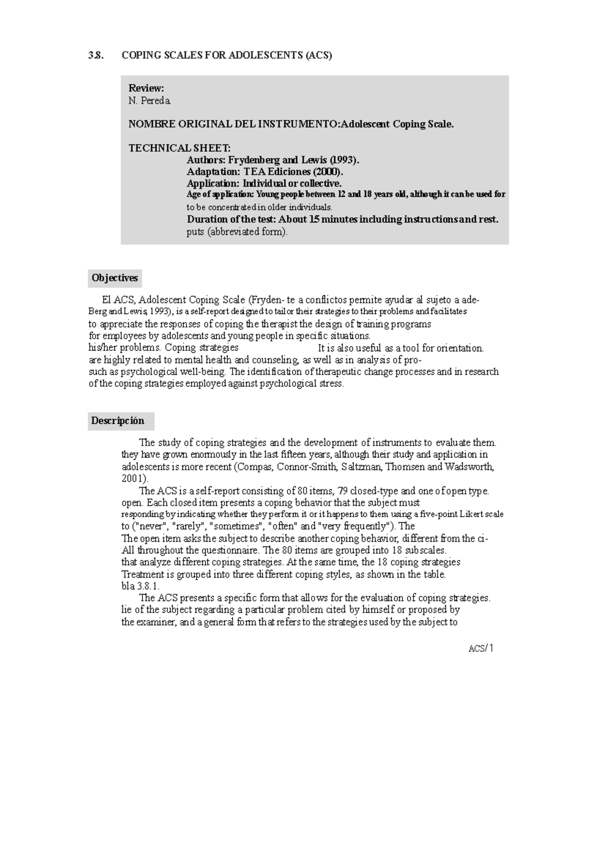 ACS - Adolescent Coping Scale Review and Analysis - Studocu