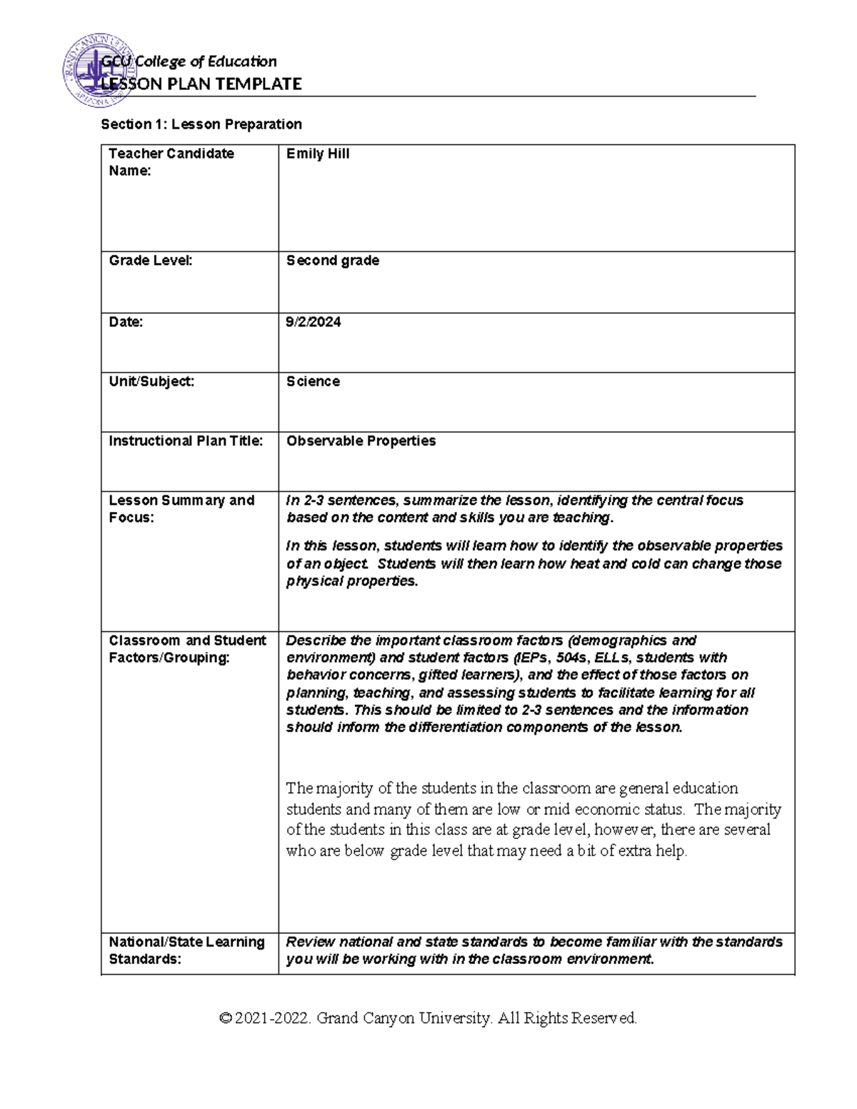 Elm-361 Science Lesson Plan on Observable Properties for 2nd Grade - Studocu