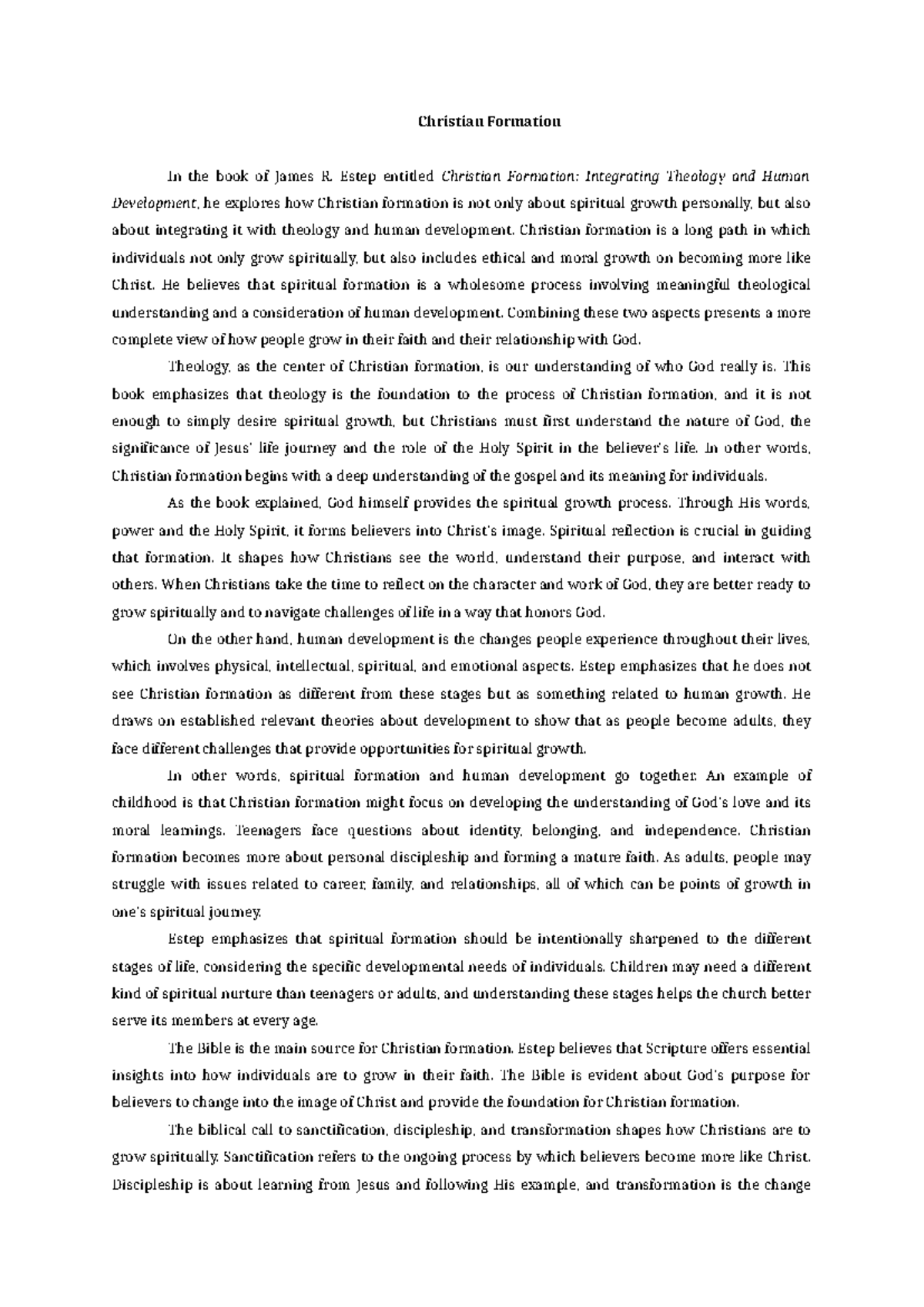 Christian Formation: Insights from Estep's Reflection Paper - Studocu