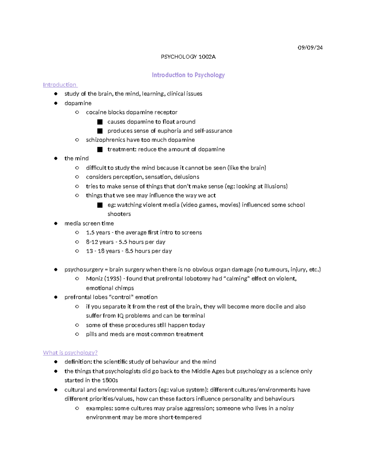 PSYCH 1002 A Lesson Notes - 09/09/ PSYCHOLOGY 1002A Introduction to ...