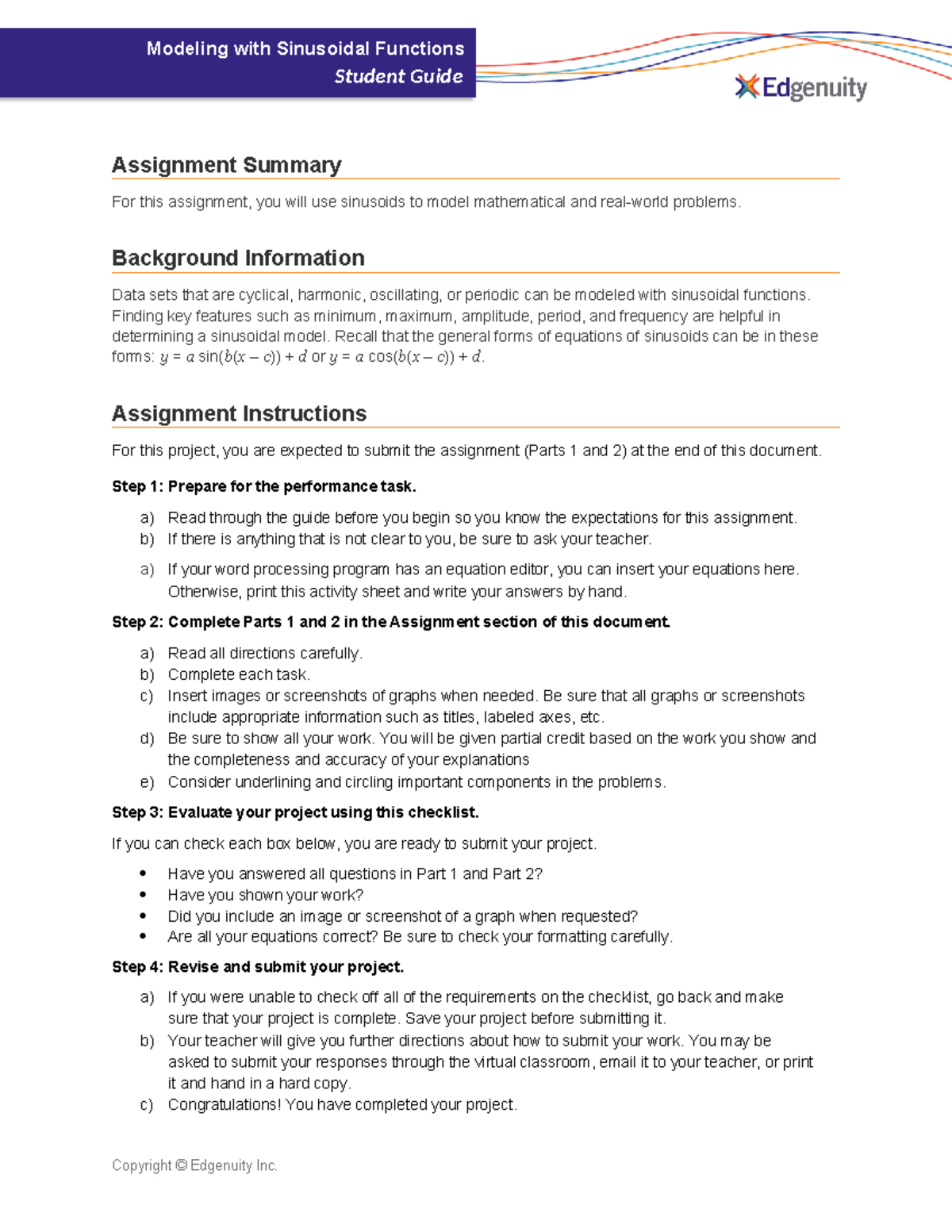 Performance Task - Modeling Sinusoidal Functions - Student Guide - Studocu