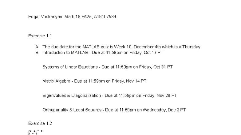 Math 18 FA25: MATLAB Assignment 1 - Coursework Overview - Studocu